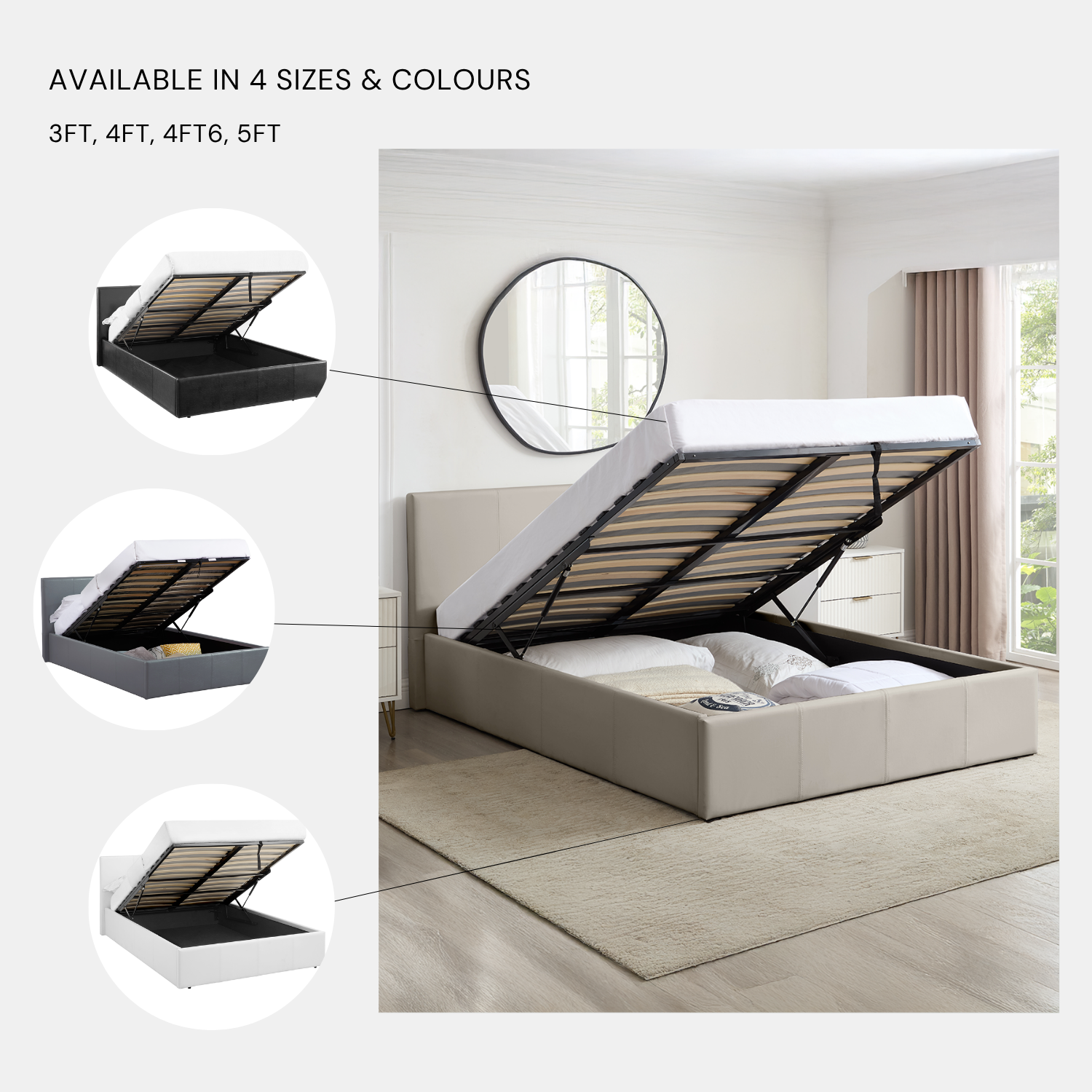LUNA Faux Leather Gas Lift Ottoman Storage Bedframe in 4 Colour & Size ...