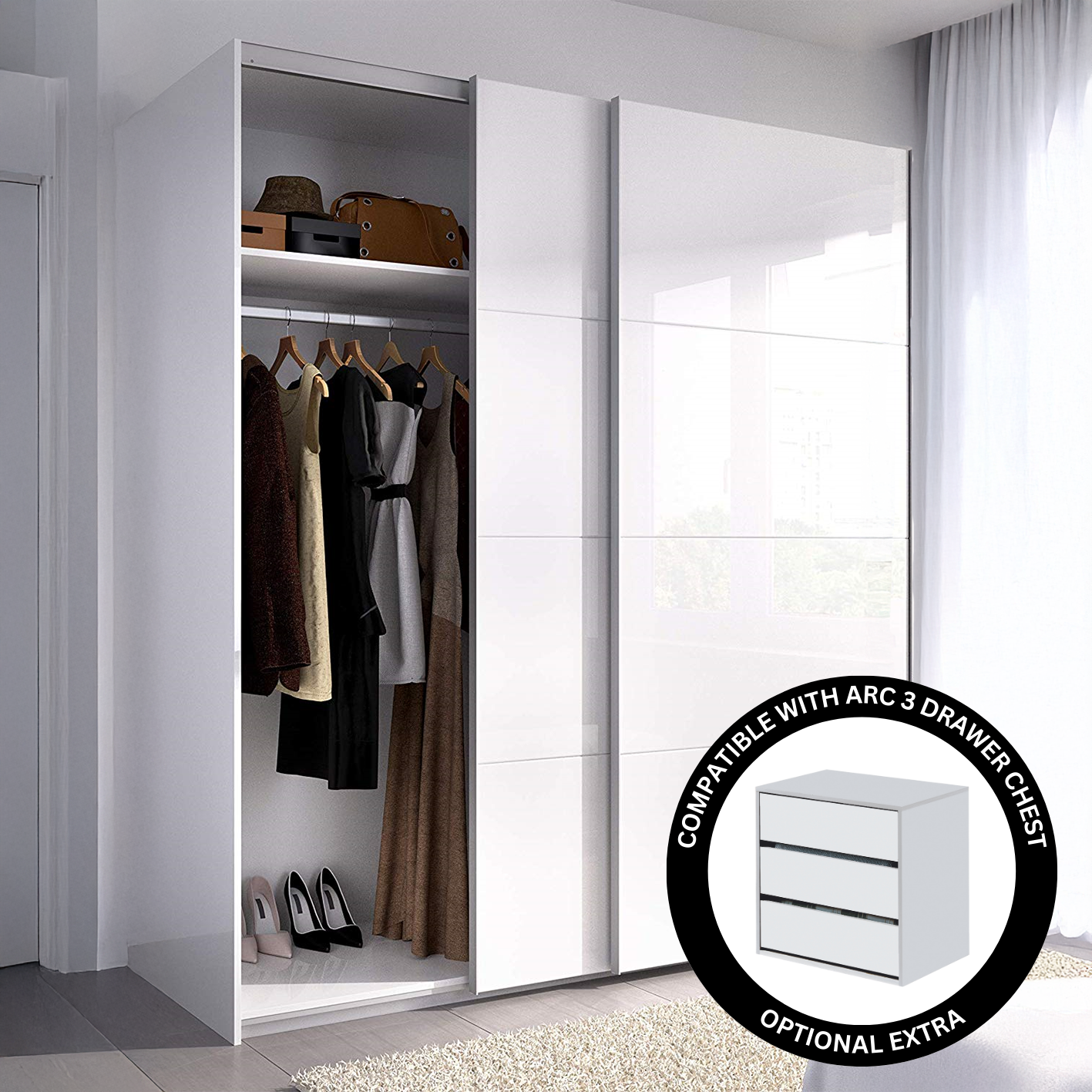 ARM Wardrobe Storage Set 2 Door Sliding White Wardrobe + ARC Internal ...